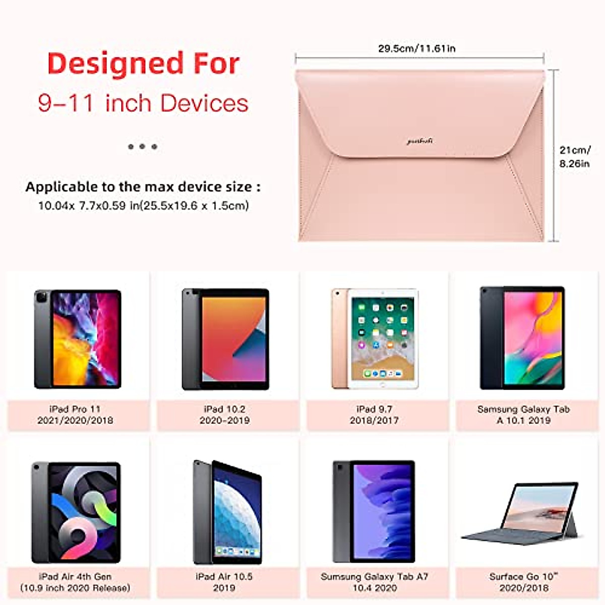 11 Inch Tablet Sleeve Case for 10.9 New iPad Air 4, iPad Pro 11, 10.5 iPad Air/Pro, 10.2 iPad, Microsoft Surface Go 2/1, Samsung Galaxy Tablet,PVC Leather Pouch Bag with Pen Holder-Pink