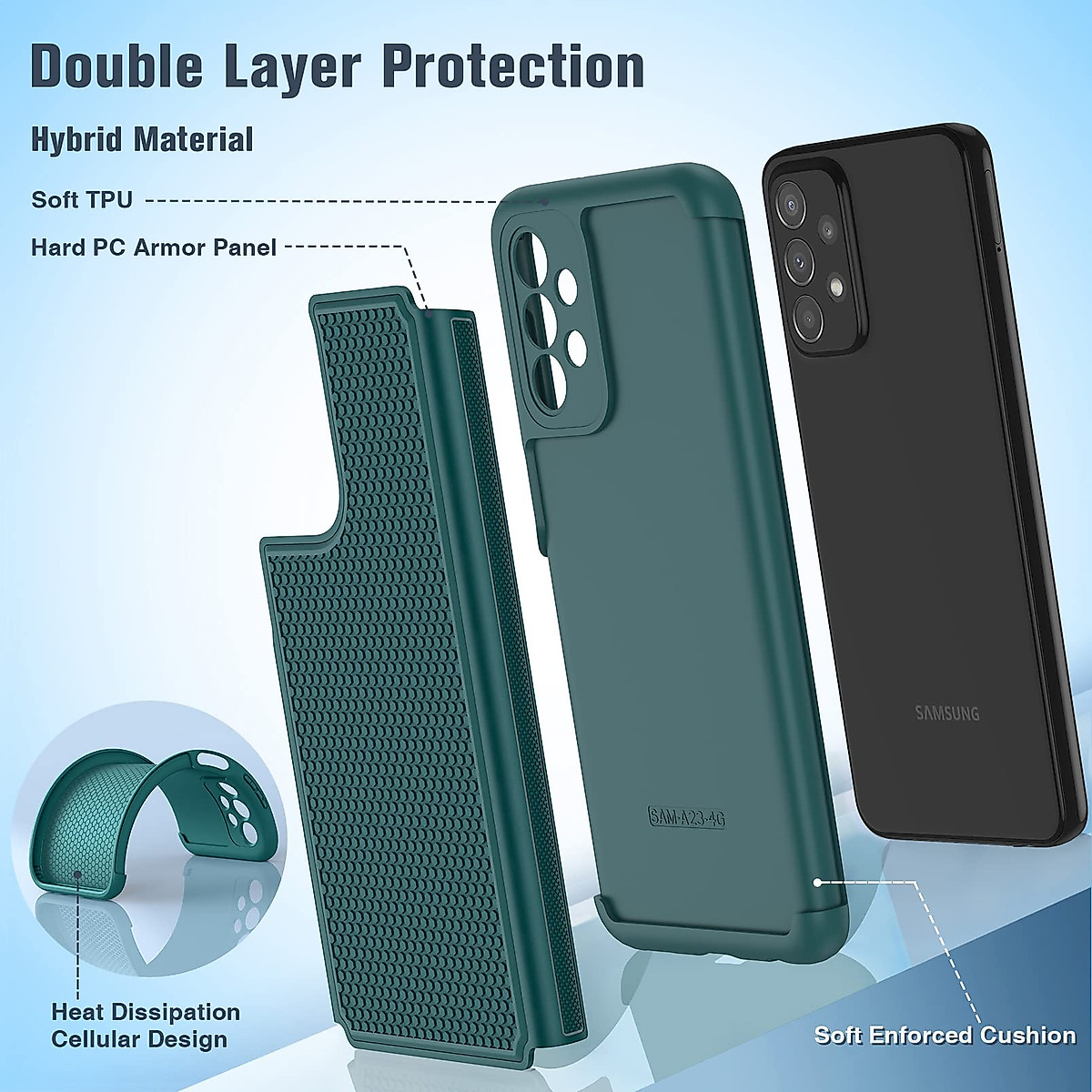 FNTCASE for Samsung Galaxy A23 5G Case: (Samsung Galaxy A23 4G LTE) Dual Layer Protective Heavy Duty Cell Phone Cover Shockproof Rugged with Non Slip Textured Back - Bumper - 6.6inch Dark Green