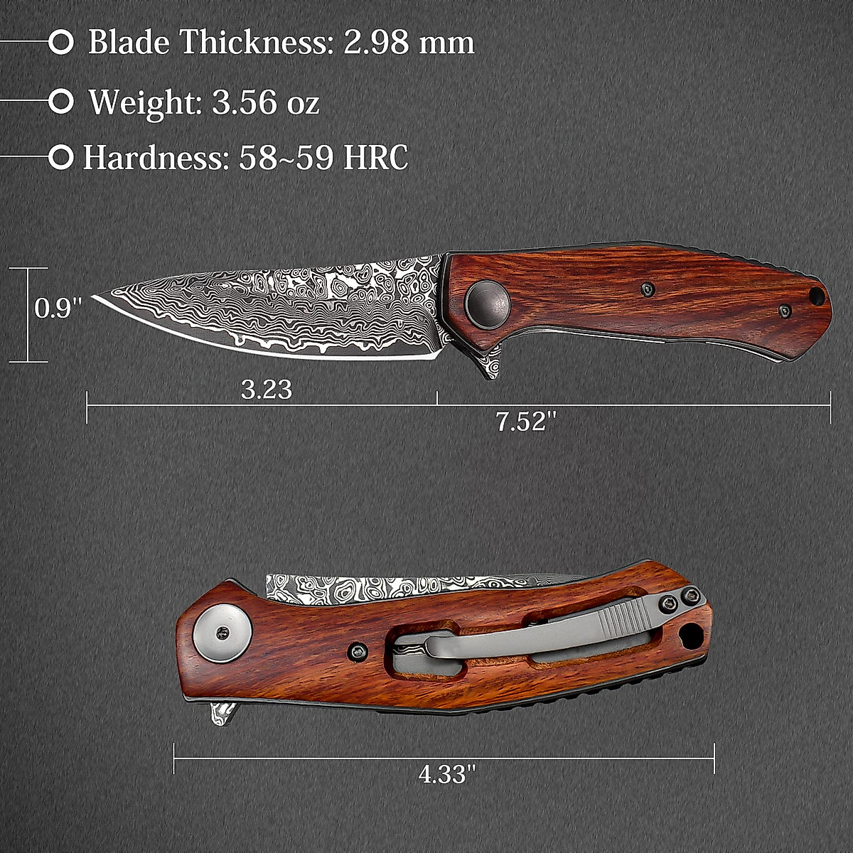 AUBEY Damascus Folding Pocket Knife Handmade with Clip for Men, Damascus Hunting Knife EDC Knife with Liner Lock for Outdoor Survival Camping Collection, Wooden Handle