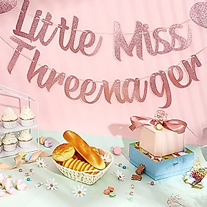 JOYMEMO Rose Gold Glitter Little Miss Threenager Banner Garland for Baby Girls Third Birthday Decorations 3 Year Old 3rd Birthday Party Supplies
