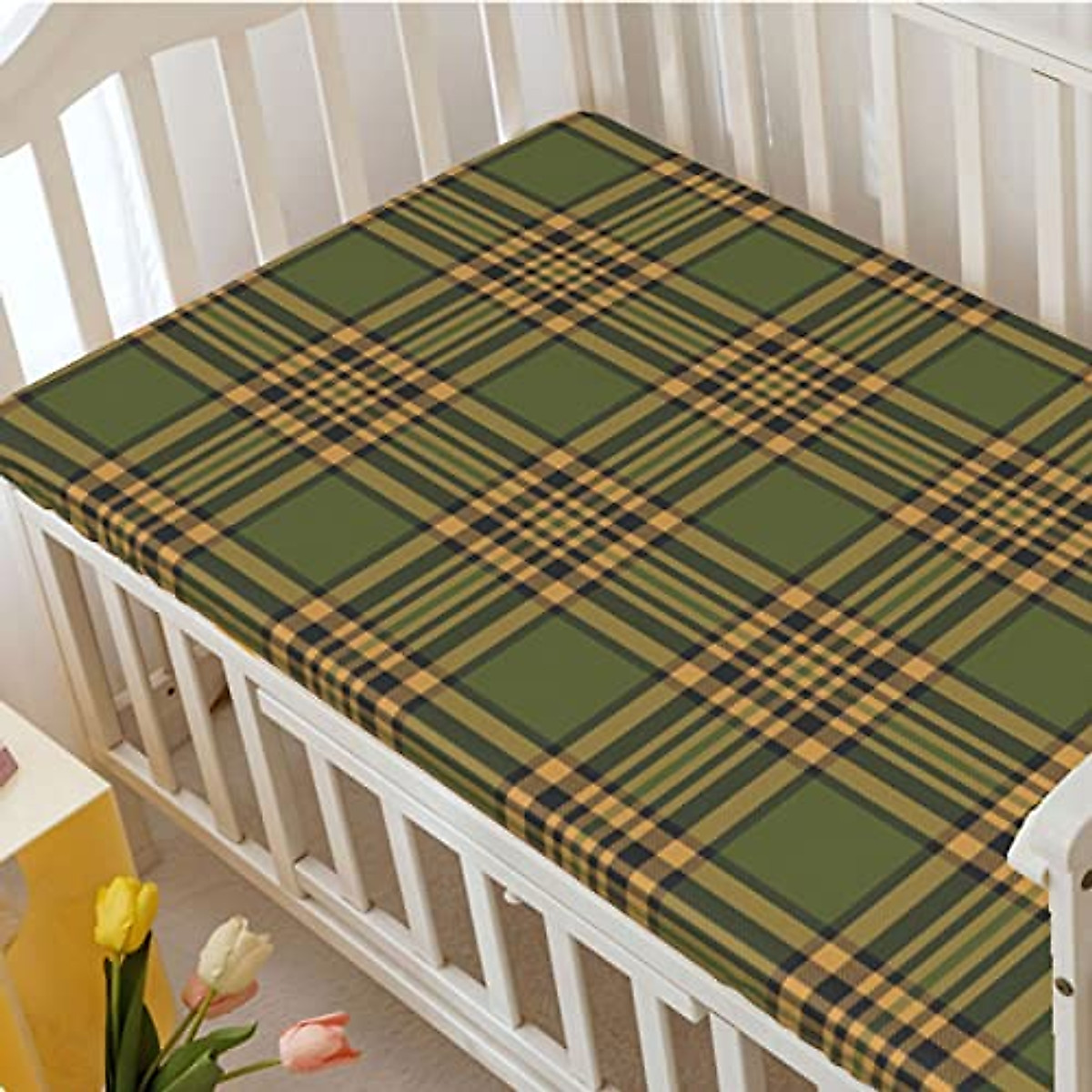 Plaid Themed Fitted Mini Crib Sheets,Portable Mini Crib Sheets Ultra Soft Material-Great for Boy or Girl Room or Nursery,24“ x38“,Olive Mustard