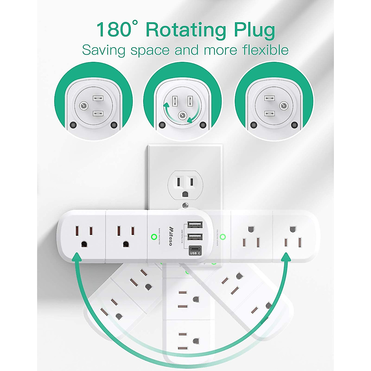 USB Outlet Extender Surge Protector - with Rotating Plug, 6 AC Multi Plug and 3 USB Ports (1 C), 1800 Joules, 3-Sided Swivel Power Strip Spaced Splitter for Home, Office, Travel