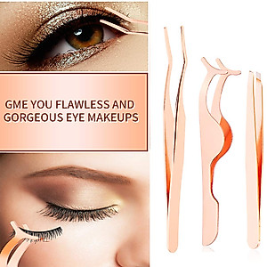 Arroyner 3Pcs Eyelashes Tool Fake Lash Applicator Lash Tools Fake Eyelashes Scissors (Rose Golden)
