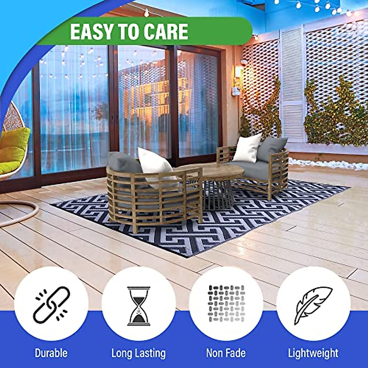 Latest Sense Outdoor Plastic Straw Rug 5x8ft – Outdoor Patio Rug Camping Mat – Durable Waterproof Black and Gray Outdoor Rug – Outside Rug Ideal for Patio, Deck, Beach, Garden, RV