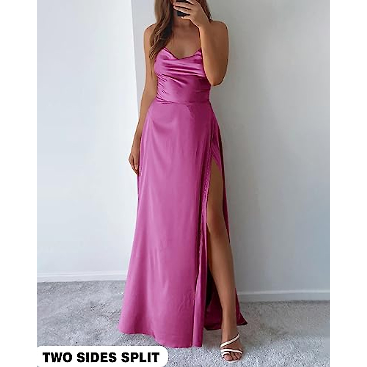 PRETTYGARDEN Women Summer Sexy Cowl Neck Spaghetti Strap Sleeveless Long Satin Dress Slit Club Slip Maxi Dresses 2023(Solid Purple,Small)