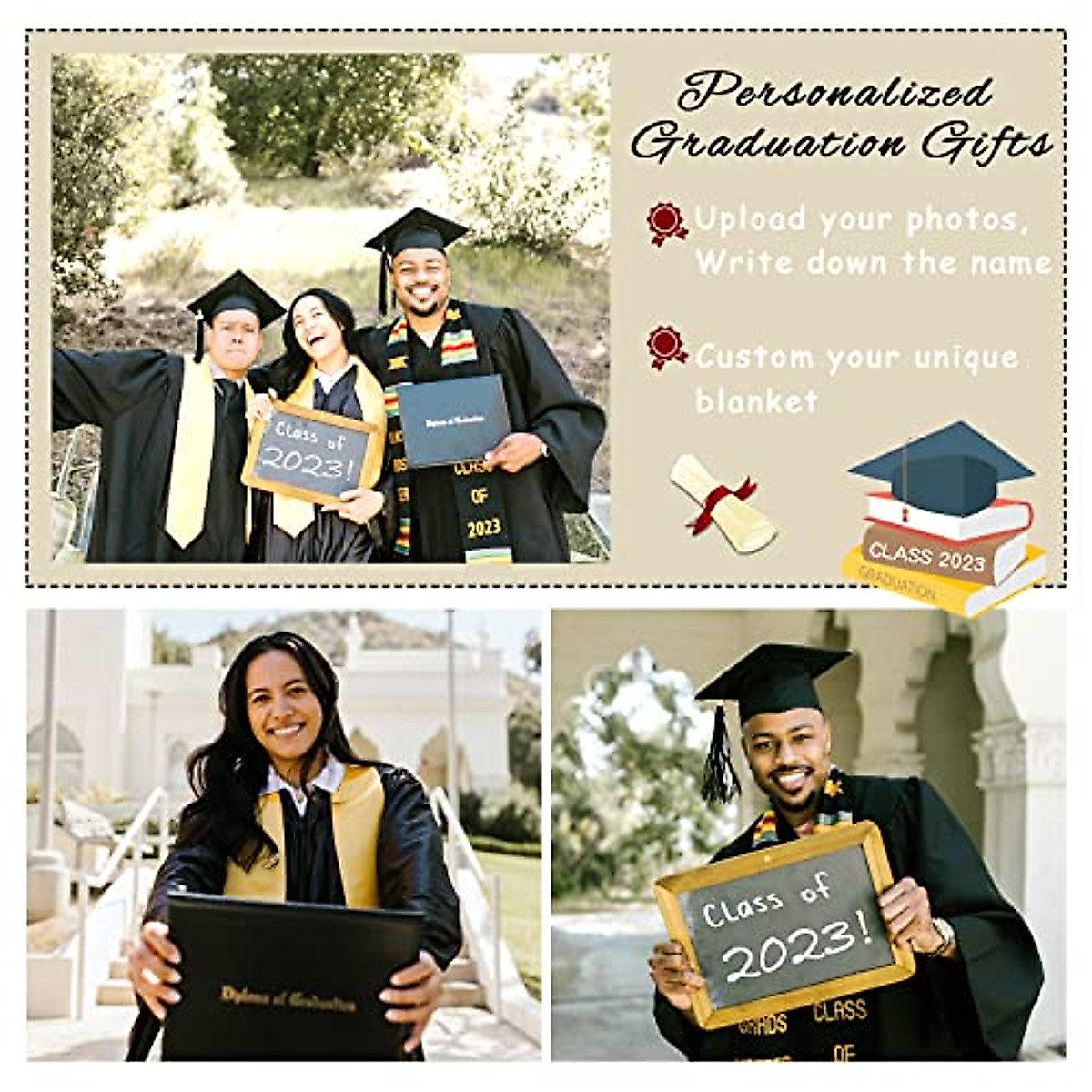 Personalized Graduation Blanket 2023, Customized Graduation Gifts for Her Him, Custom Name Photos Picture Throw Blankets, College, High School Graduation Gift for Daughter Son Niece Friends, 40"x30"