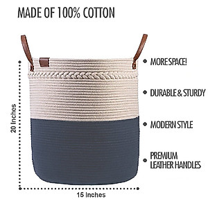 CML Colton Michael Living Premium Cotton Rope Basket Laundry, Toys, Blankets, Clothes, Hamper,Cream and Grey,20inh x 15inw