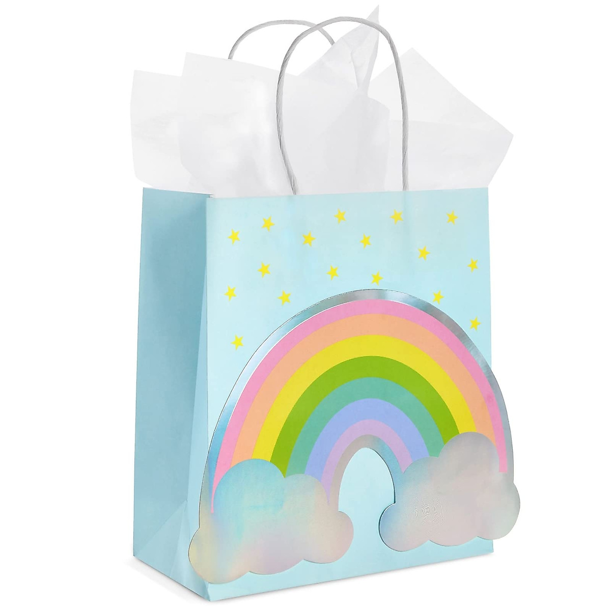 Rainbow Gift Bags with Handles and White Tissue Paper (15 Pack)