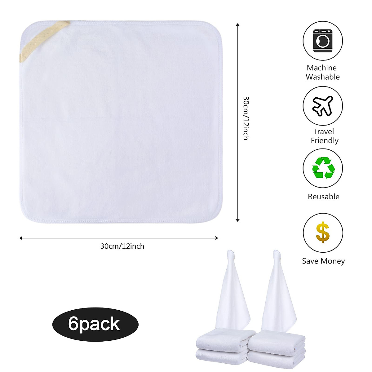 SINLAND Microfiber Facial Cloths Fast Drying Washcloth 12inch x 12inch White 6 pack