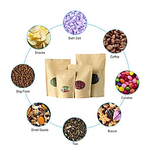 Kraft Stand Up bags with Window - SumDirect 50Pcs 4.3x 6.2 inches Brown Food Storage Bags, Reusable Sealing Stand Up Pouches Zipper Lock for Storing