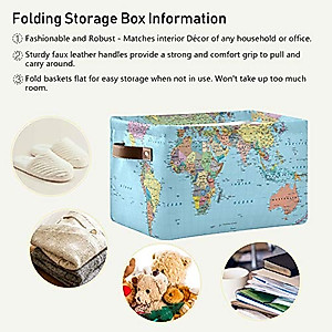 AUUXVA Globe World Map Storage Basket Collapsible Cloth Storage Cube Basket Bins Organizer with Handles Rectangular Large Toys Shelf Closet for Nursery Bedroom Home Office