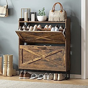 Maupvit Shoe Cabinet with 2 Flip Drawers, Freestanding Shoe Cabinet Organizer with Metal Legs, Shoes Storage Cabinet for Entryway, Narrow Shoe Rack Cabinet, Rustic Brown