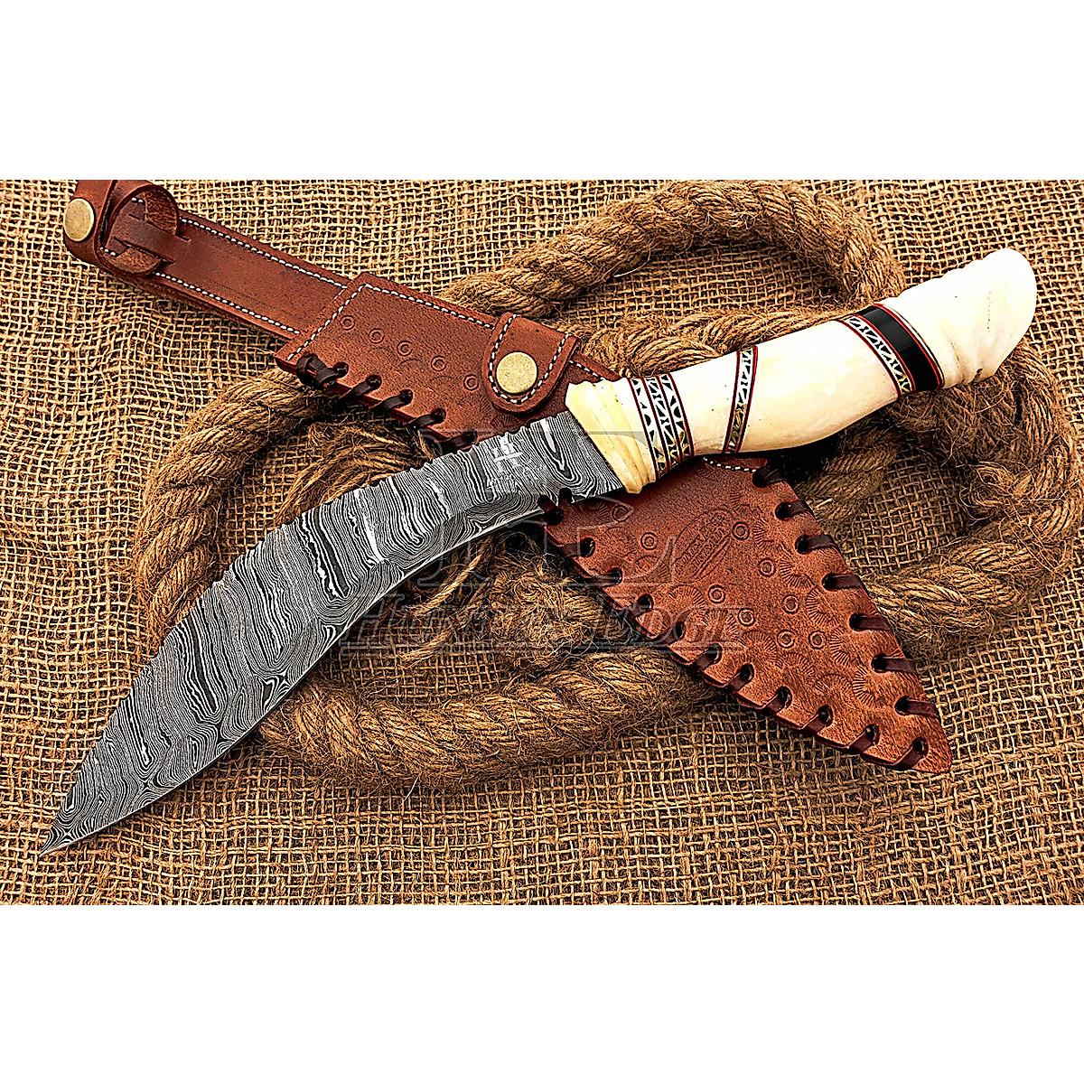 HUNTEX Unique Custom Handmade Hand Forged Damascus Steel 15 Inch Long Full Tang Camel Bone Handle Razor Sharp Hunting Camping Kukri Knife with Genuine Leather Sheath