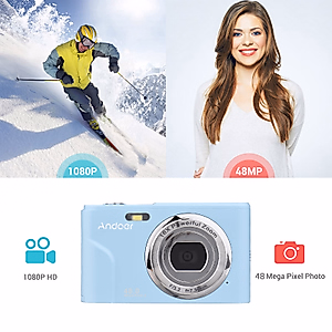 Andoer Portable Digital Camera 48MP 1080P 2.4-inch IPS Screen 16X Zoom Auto Focus Self-Timer 128GB Extended Memory Face Detection Anti-Shaking with 2pcs Batteries Hand Strap Carry Pouch