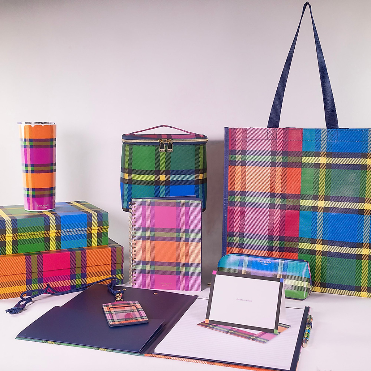 kate spade new york Cute Stainless Steel Mug, 24 Ounce Travel Tumbler, Double Wall Insulated Cup with Lid, Grand Plaid Duo