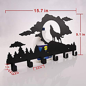 Kathy Wall Mounted Coat Hook Wolf Moon Cloud Animal Design Cute Metal Heavy Hooks Bathroom Entryway, Black