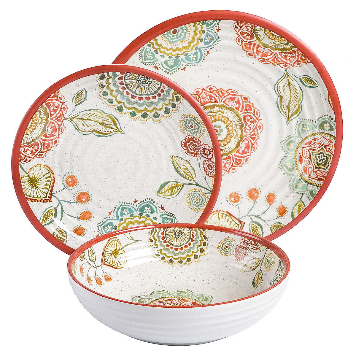 Gibson Home Mauna Melamine Plastic Dinnerware Set, Service for 4 (12pcs), Brick Floral