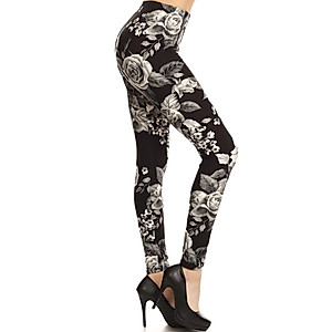 Leggings Depot High Waisted Floral & Space Print Leggings for Women-Full Length-R603, Charcoal Rose, Plus Size