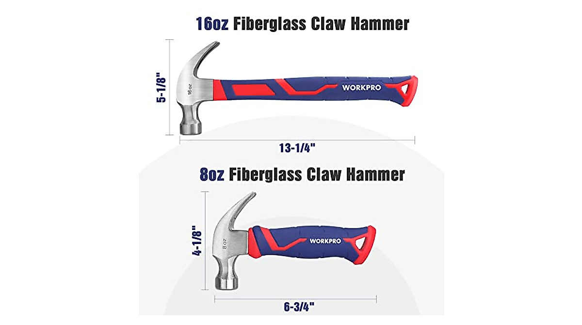 WorkPro 2-Piece Claw Hammer Set - Durable Fiberglass Handles