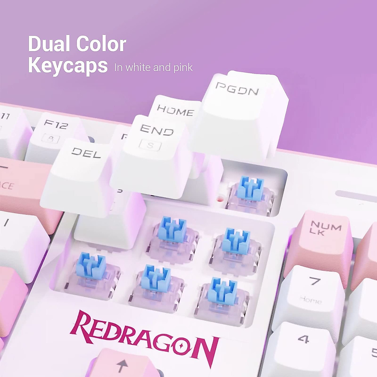Redragon K623 Dual Color Keys Mechanical Gaming Keyboard Single White LED + RGB Side Edge Backlit 104 Key Wired Computer Keyboard with Blue Switches for Windows PC (White + Pink)