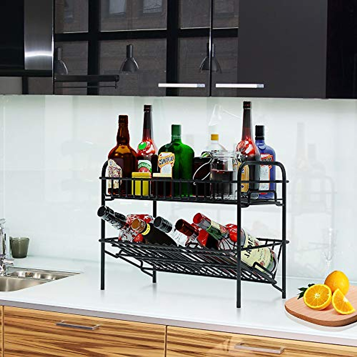 HengLiSam Spice Racks Organizer for Countertop, 2 Tier Counter Shelf Standing Holder Storage for Kitchen Cabinet Pantry Bathroom Office, Black