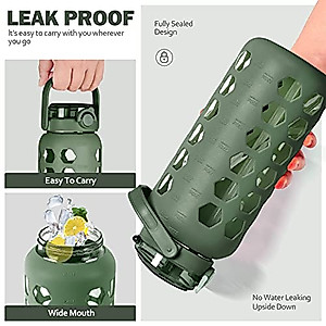 MUKOKO Half Gallon/64 oz Glass Water Bottles with Straw and Lid,Motivational Water Jug with Time Marker Reminder and Silicone Sleeve,100% Leakproof BPA Free Fitness Sports Large Bottle-Olive