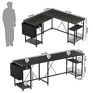 X-cosrack 88.5inch Large L-Shaped Computer Desk with Storage Shelves Drawer, Home Office Writing Corner Desk, 2 Person Long Desk PC Laptop Workstation with Hooks Storage Bag Cable Hole-Black