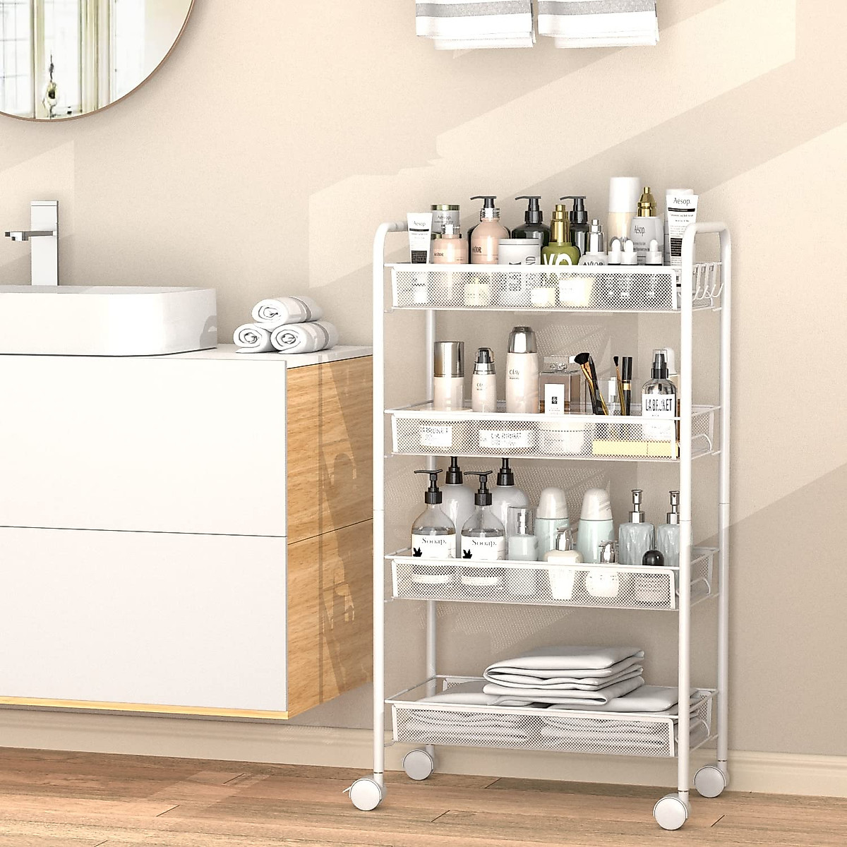 Ovicar 4 Tier Mesh Wire Rolling Cart, Kitchen Storage Organizer Utility Cart, Full Metal Basket Storage Art Trolley Carts with Wheels & 4 Side Hooks