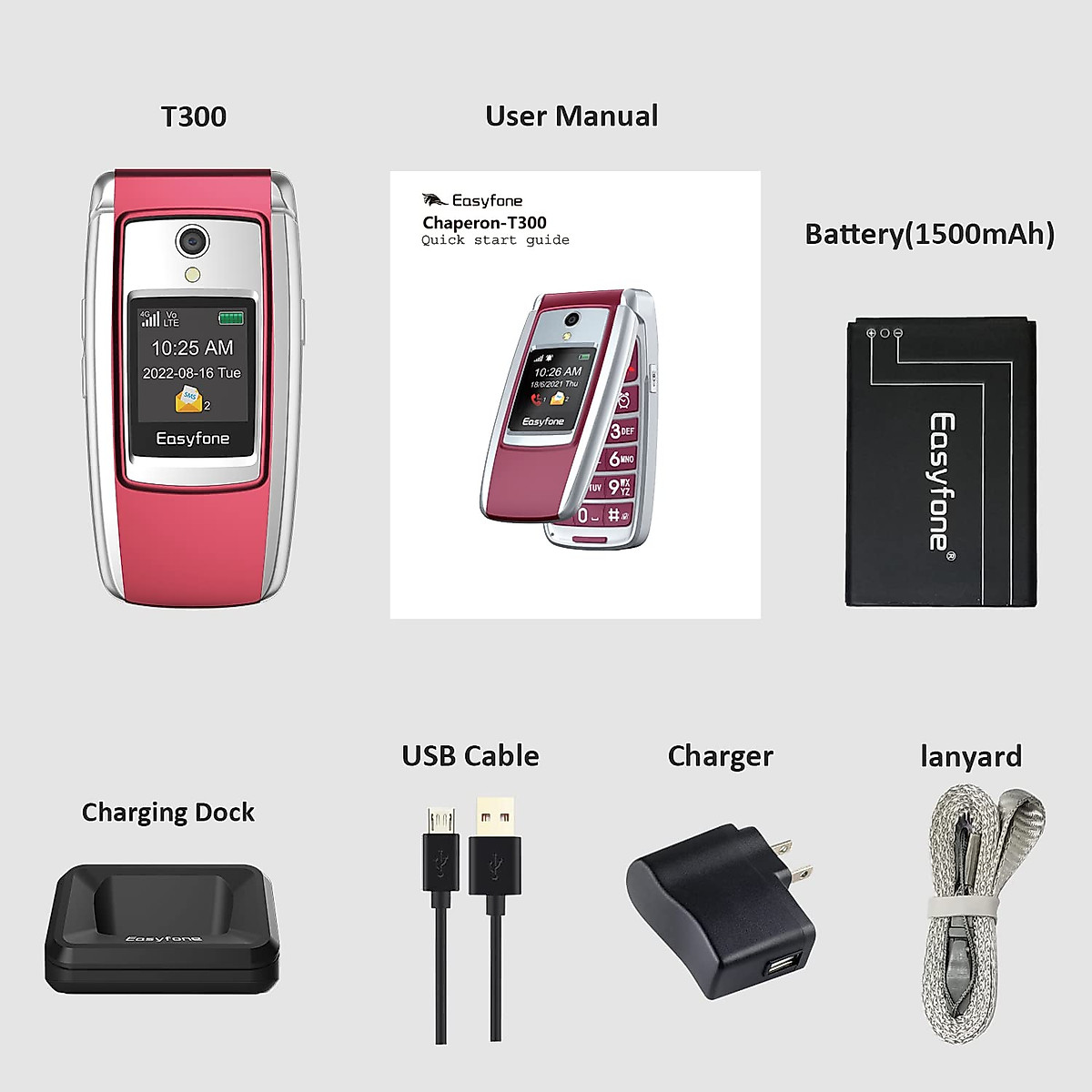 Easyfone T300 4G LTE Unlocked Senior Flip Cell Phone, Big Button Clear Sound Flip Mobile Phone for Elderly with SOS Button, GPS and Big Charging Dock (Red)