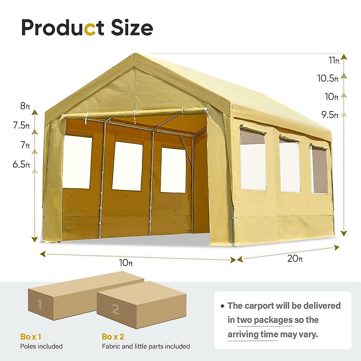 ADVANCE OUTDOOR 10x20 ft Heavy Duty Adjustable Carport with 6 Roll-up Ventilated Windows & Removable Sidewalls Car Canopy Garage Boat Shelter Party Tent, Peak Height from 9.5ft to 11ft, Beige Yellow