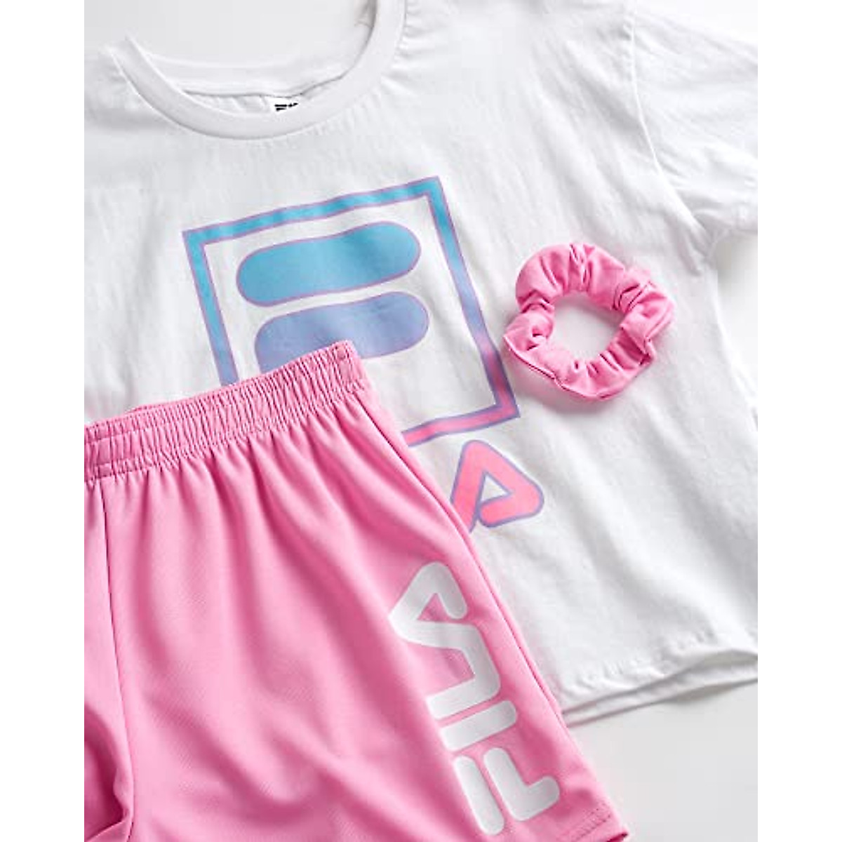 Fila Girls' Active Shorts Set - 2 Piece Short Sleeve Crop T-Shirt and Gym Shorts for Girls - Kids Athletic Clothing Set, 7-12, Size 10, Pink/White