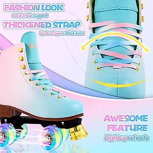 LIKU Quad Roller Skates for Girl and Women with All Wheel Light Up,Indoor/Outdoor Lace-Up Fun Illuminating Roller Skate for Kid (Pink&Blue, 7-8)