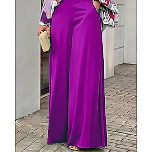 MRSYVES Women Two Piece Set Loose Printing Printed Lapel Shirt Wide Leg Pants With Pocket Casual Office Travel Vacation At Home Wear Purple-XL