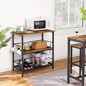 HOOBRO Kitchen Island with Wine Rack, Industrial Kitchen Counter with Hooks and Protective Rails, 3 Tier Kitchen Shelf with Large Workstation, Easy Assembly, Rustic Brown BF02ZD01