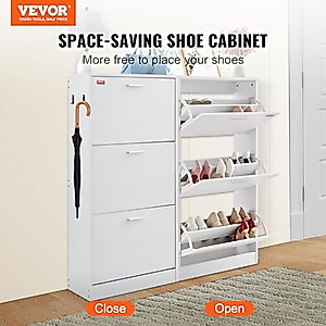 VEVOR Shoe Cabinet with 3 Flip Drawers, Shoe Storage Cabinet for Entryway, Free Standing Shoe Storage Organizer with Side Hooks for Heels, Boots, Slippers in Hallway, Living Room