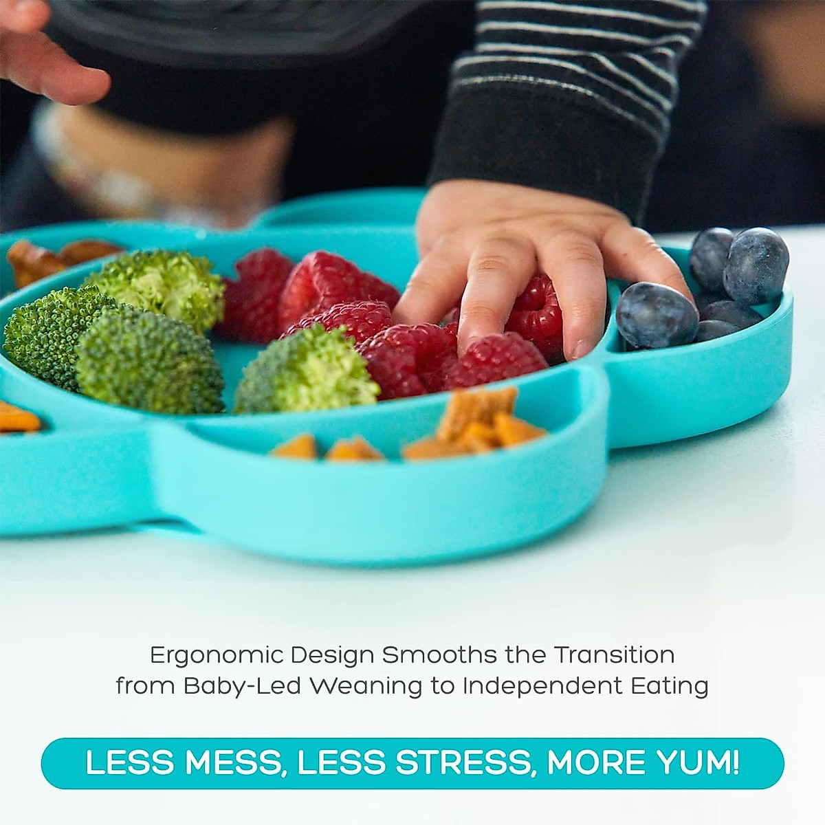 grabease Silicone Suction Plate for Baby & Toddler Self-Feeding, 6-Section Dish With Stay-Put Grip, BPA and Phthalates-Free, Dishwasher and Microwave Safe, Bright Teal