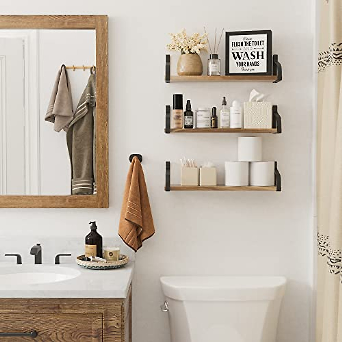 You Have Space Prato Floating Shelves for Living Room Decor, 17"x4.5" Bookshelf Home Office Decor, Kitchen Organization & Bathroom Organizer Wall Shelves, Set of 3, Burnt