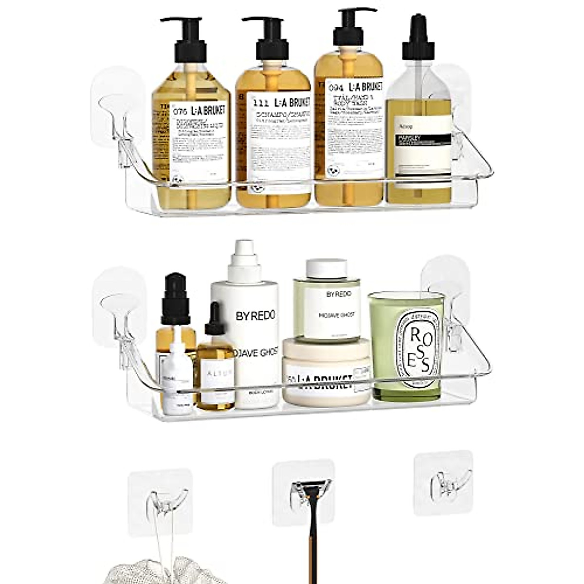 UDD Clear Shower Caddy with Razor Holder Hook, Wall Floating Shelves Shower Organizer Storage Rack Adhesive Shower Shelf for Bathroom (2 Pack, Large)