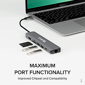 Plugable 7-in-1 USB C Hub Multiport Adapter with Ethernet Driverless Compatibility with Mac, Windows, iPhone 15, Chromebook, USB4, Thunderbolt, 100W Charging, Ethernet, 4K60Hz HDMI, 2X USB, SD/microSD
