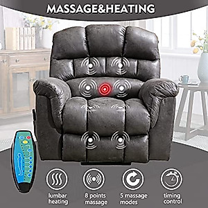 CANMOV Large Power Lift Recliner Chairs with Massage and Heat for Elderly Big People, Heavy Duty Electric Faux Leather Reclining Chairs with USB Port and 2 Side Pockets, Grey