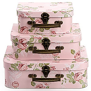 Fasmov 3 Pack Paperboard Suitcases Storage Box Decorative Storage Boxes Storage Gift Boxes With Lids for Photo Storage Home Decoration, Wedding, Birthday, Anniversary, Pink