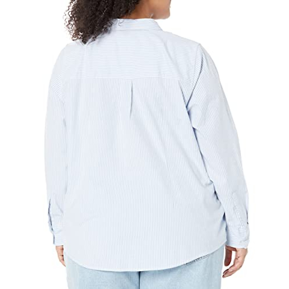 Amazon Essentials Women's Long Sleeve Button Down Stretch Oxford Shirt (Available in Plus Size), Blue/White/Stripe, Large