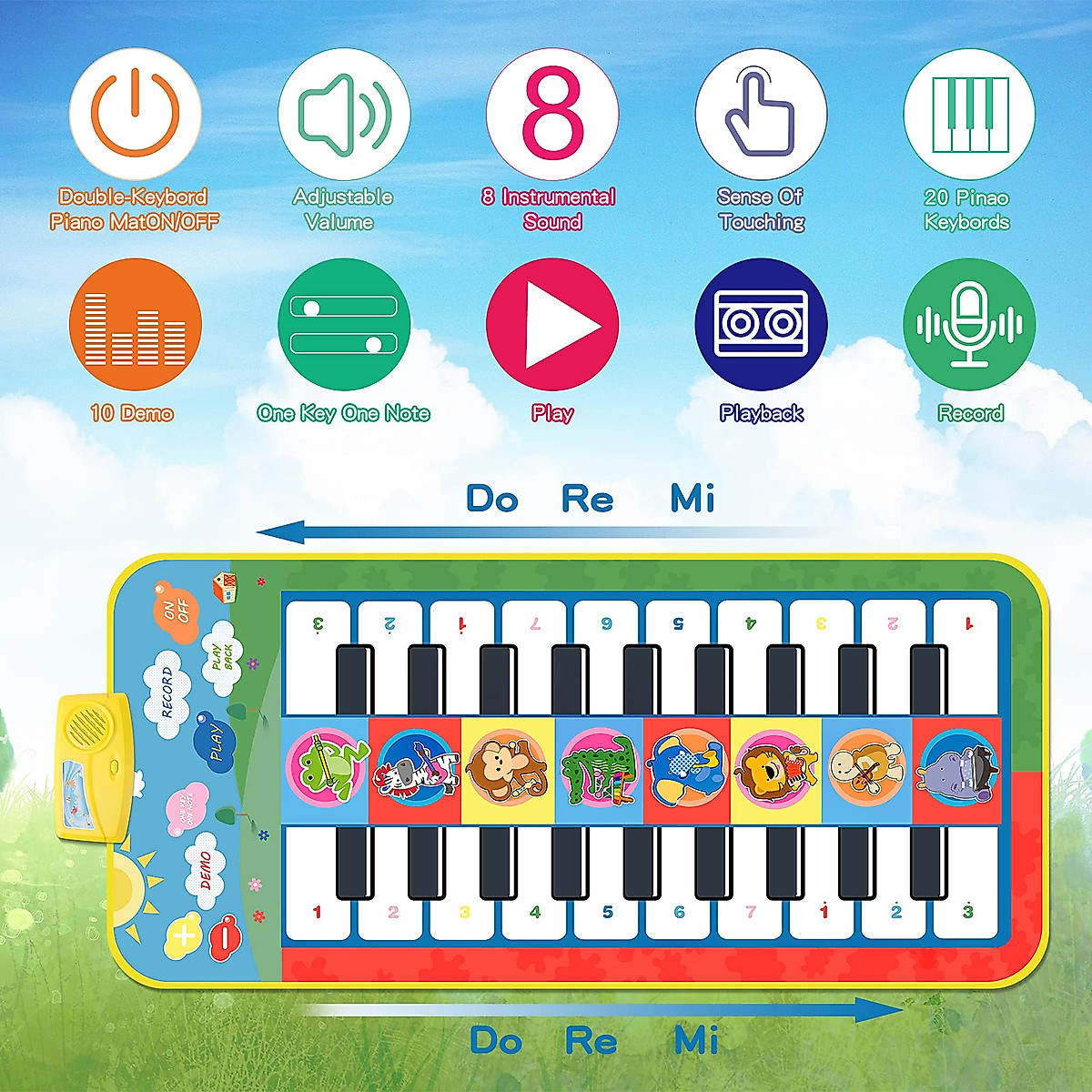 Fivegoes Piano Mat for Toddlers 1-3, 44" X 20" Double Keyboard Music Floor Dance Mat 20 Keys with 8 Instrument Sounds, Learning Educational Toys Gifts for Baby Infant 6-12 12-18 Months Boys and Girls