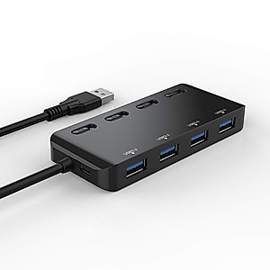 USB 3.0 Hub Splitter - USB Extender 4 Port USB Ultra Slim Data Hub with Individual Power Switch and LED for Laptop, Computer, PC, Thumb Driver and More