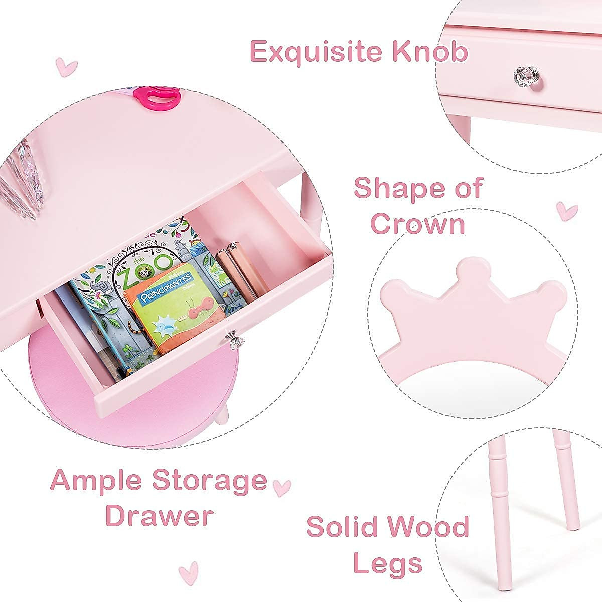 Casart Wooden Kids Vanity Set, Makeup Table and Stool Set with Mirror, Pull-Out Drawer and Cushioned Stool, Perfect Dressing Table Set for Children,Child Pretend Beauty Play Vanity Set, Pink