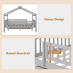 HUMEHA Full Size Bed Frame for Kids, Wood House Bed with 2 Drawers, Montessori Platform Bed with Roof and Fence for Boys Girls, Gray, 79.5''L x 57''W x 62.9''H