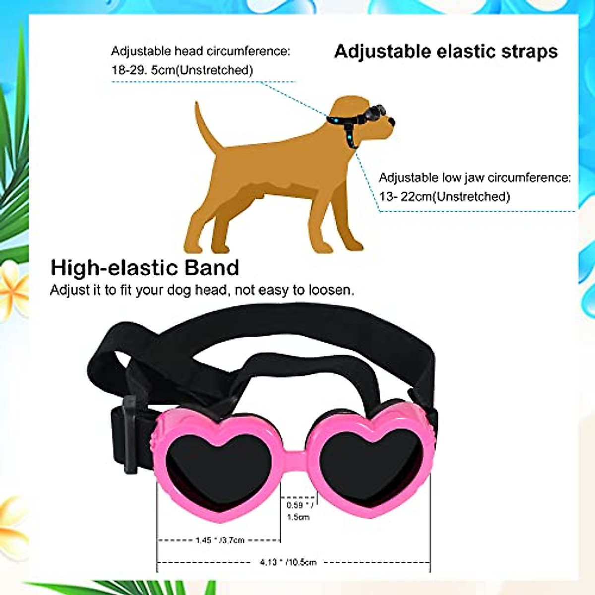IKUSO Dog Sunglasses Small Breed,UV Protection Dog Sunglasses with Adjustable Strap, Heart Dog Goggles for Waterproof Windproof Anti-Fog Eye Protection,Beach Accessories for Puppy (Pink)