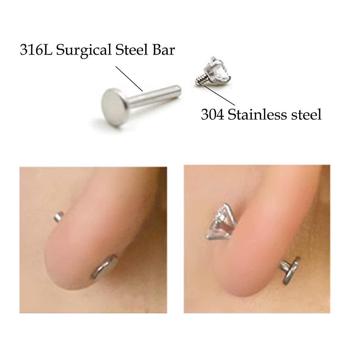 CANDYFANCY 16g 2/3/4mm Cubic Zirconia Triple Forward Helix Ear Cartilage Tragus Studs Earrings Lip Piercing 16 gauge (2mm stone, 6mm Length, 2pcs)