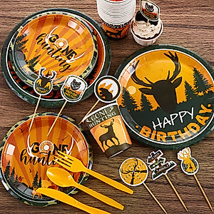 165 Pcs Hunting Birthday Party Decorations Hunting Birthday Banner Cake Decors Deer Balloons Camo Paper Plates Cups Serves 16 Guests Hunting Birthday Party Supplies Camo Tablecloth (Banner)
