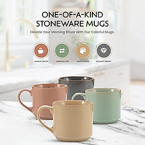 American Atelier Stackable Coffee Mugs Set | Ceramic Multi-Color 4 Cups for Kitchen Countertop, Tabletop, Island, or Café Display | Gift for Tea & Coffee Lovers (16-Ounce) (Light)